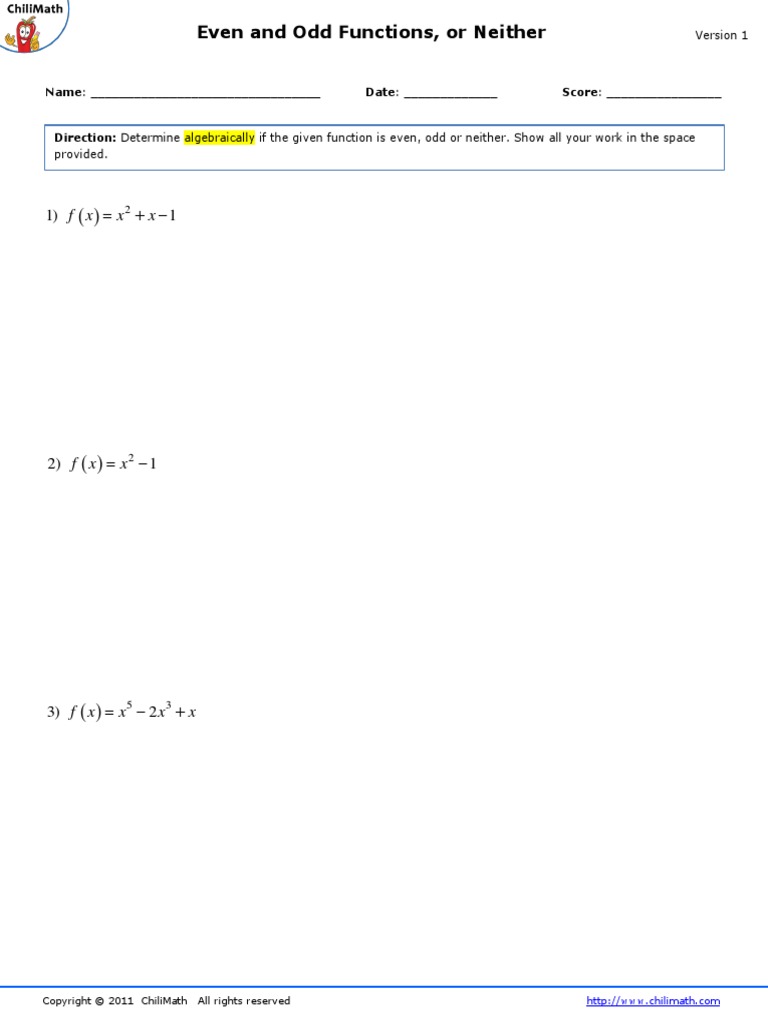 Worksheet Even Odd Neither Function Version 1 | PDF | Teaching Methods ...