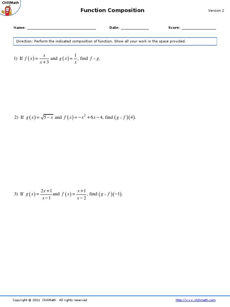 Worksheet Function Composition Version 2 | PDF