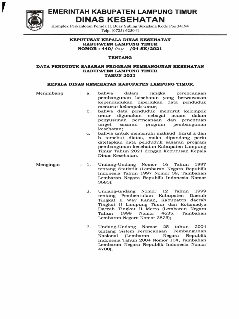 SK Data Penduduk Sasaran Program Dan SPM Dinkes Lamtim 2021 | PDF