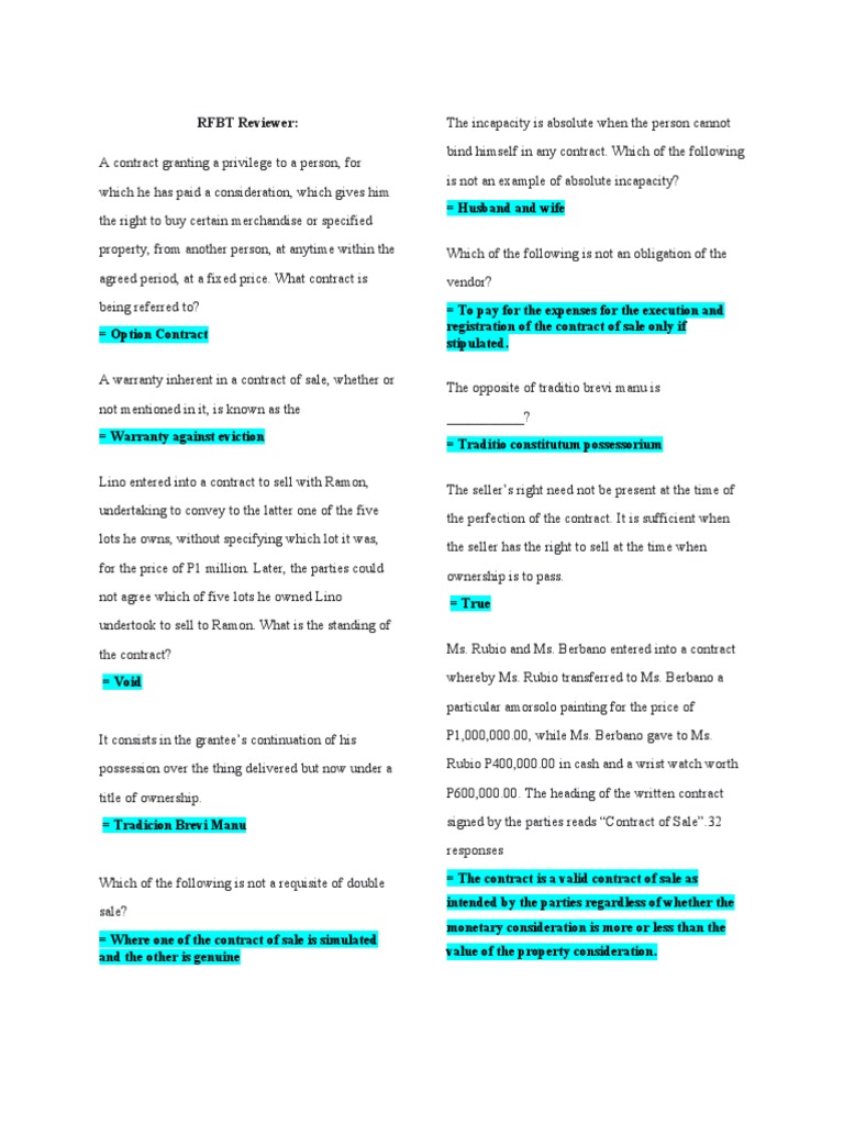 RFBT Reviewer | PDF | Lease | Law Of Obligations