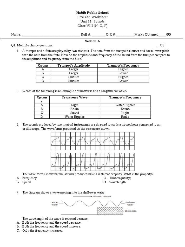 Unit 11: Sound Revision Worksheet | PDF | Sound | Pitch (Music)