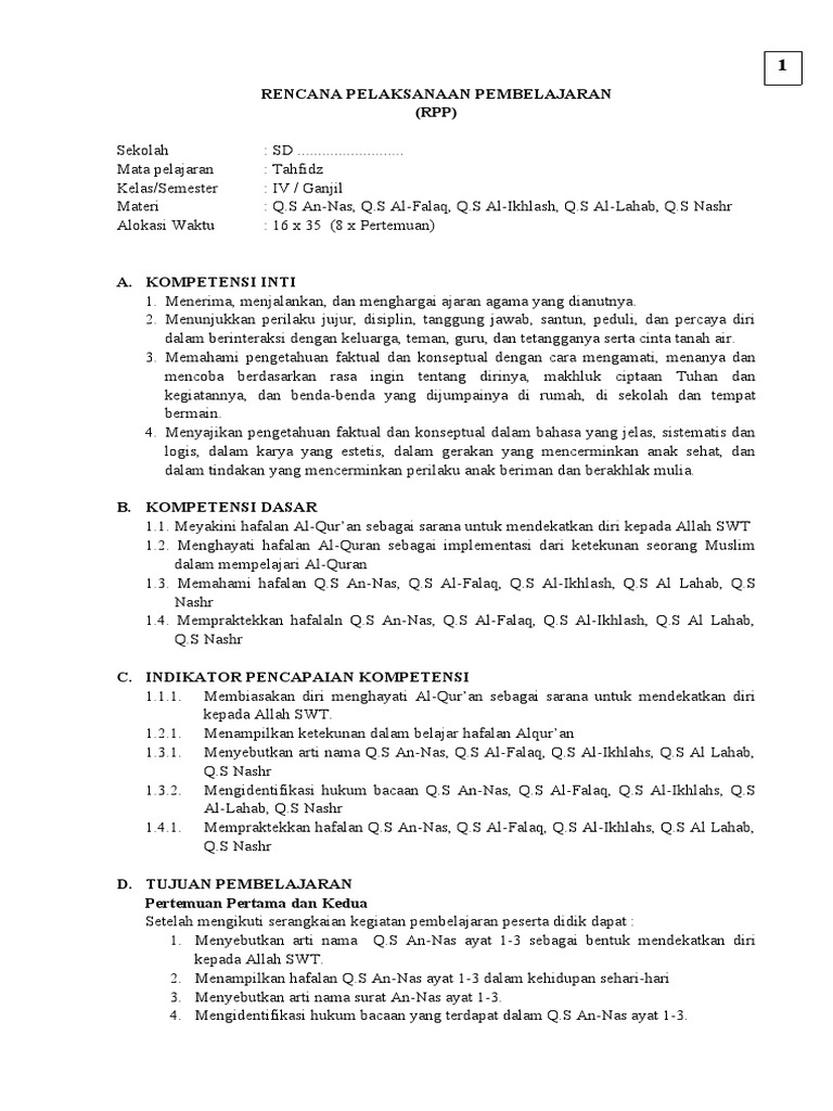 RPP Tahfidz SD Kelas IV-Final | PDF