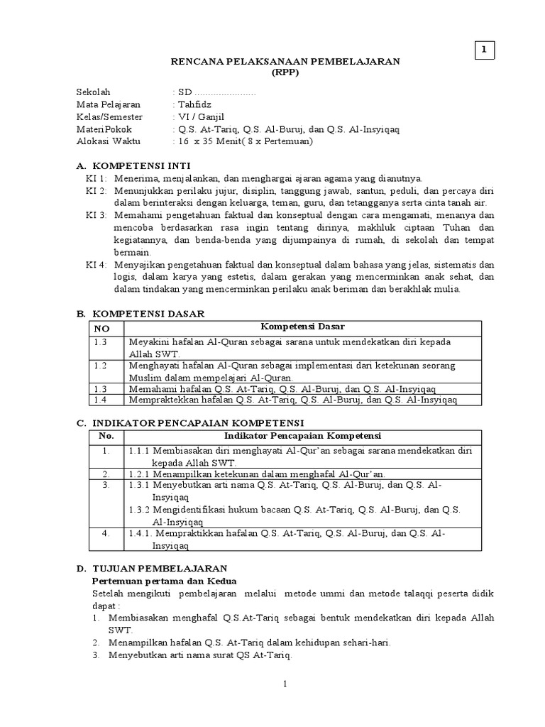RPP Tahfidz SD Kelas VI-Final | PDF