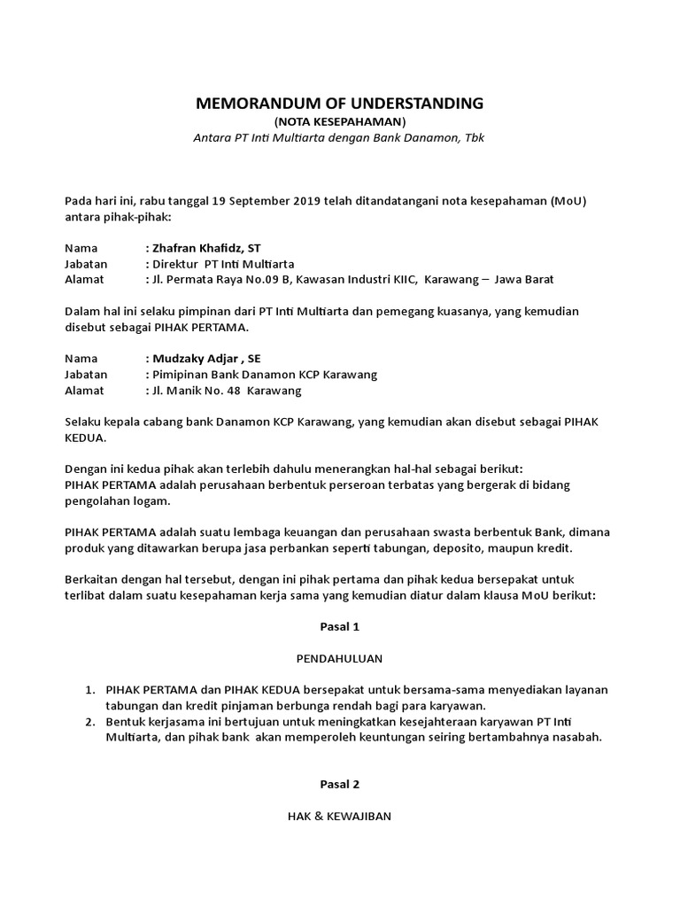 Surat Perjanjian Mou Antar Perusahaan A4 Pdf