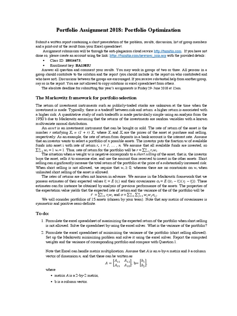 Portfolio Assignment 2018: Portfolio Optimization: The Markowitz ...