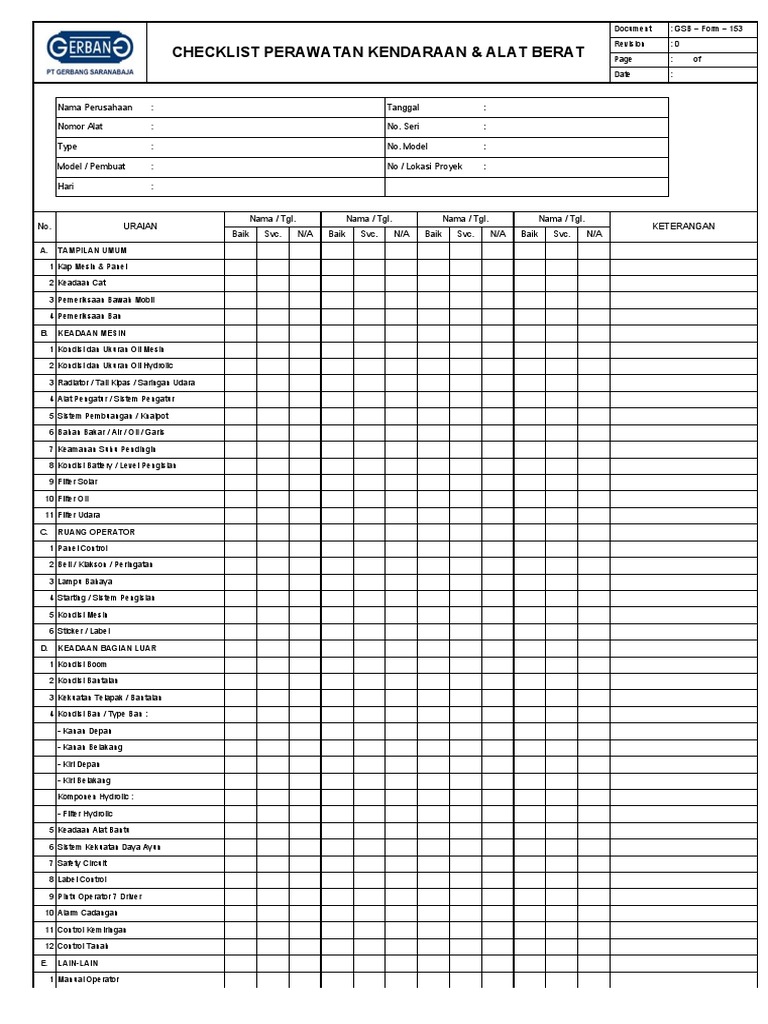 GSB-Form-153 Checklist Perawatan Dan Perbaikan Kendaraan Dan Alat Berat ...