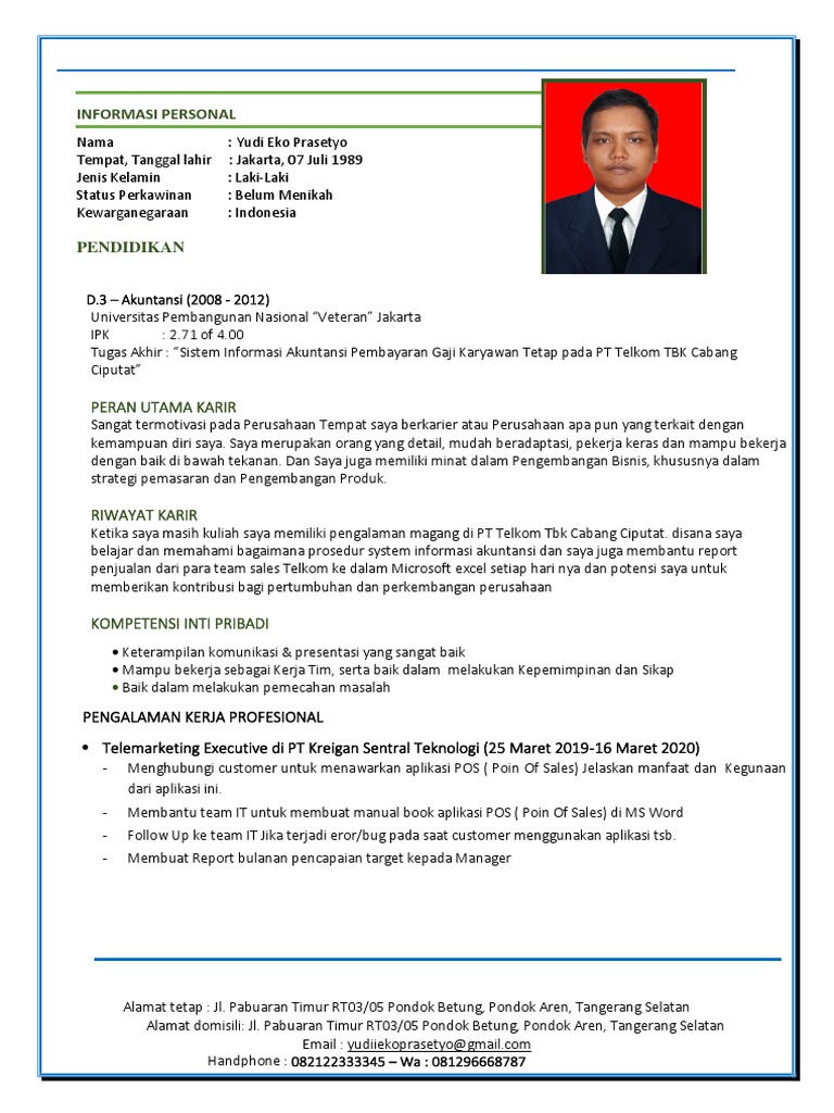 CV Yudi Eko Prasetyo - Telemarketing Executive. | PDF