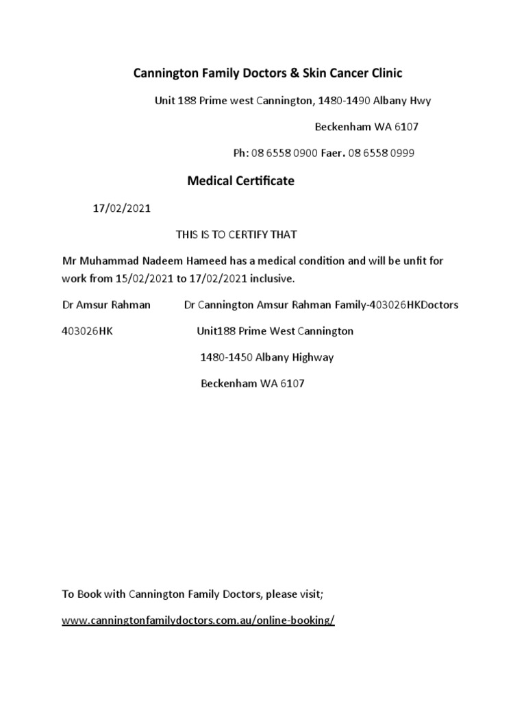 Cannington Family Doctors Certificate | PDF