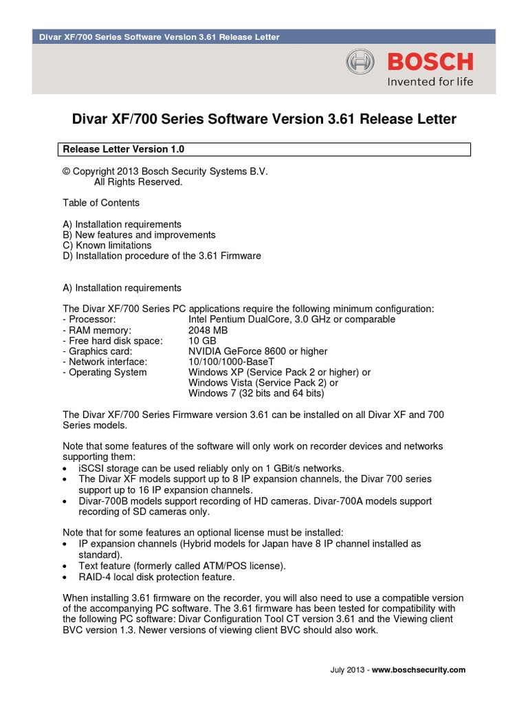 Divar XF 700 Series Software Release Letter Version 3-61-V1 | PDF | Ip ...