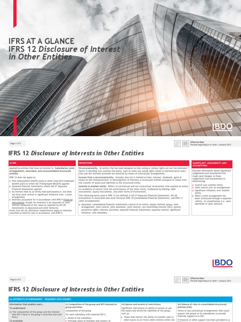Ifrs at A Glance IFRS 12 Disclosure of Interest: in Other Entities ...