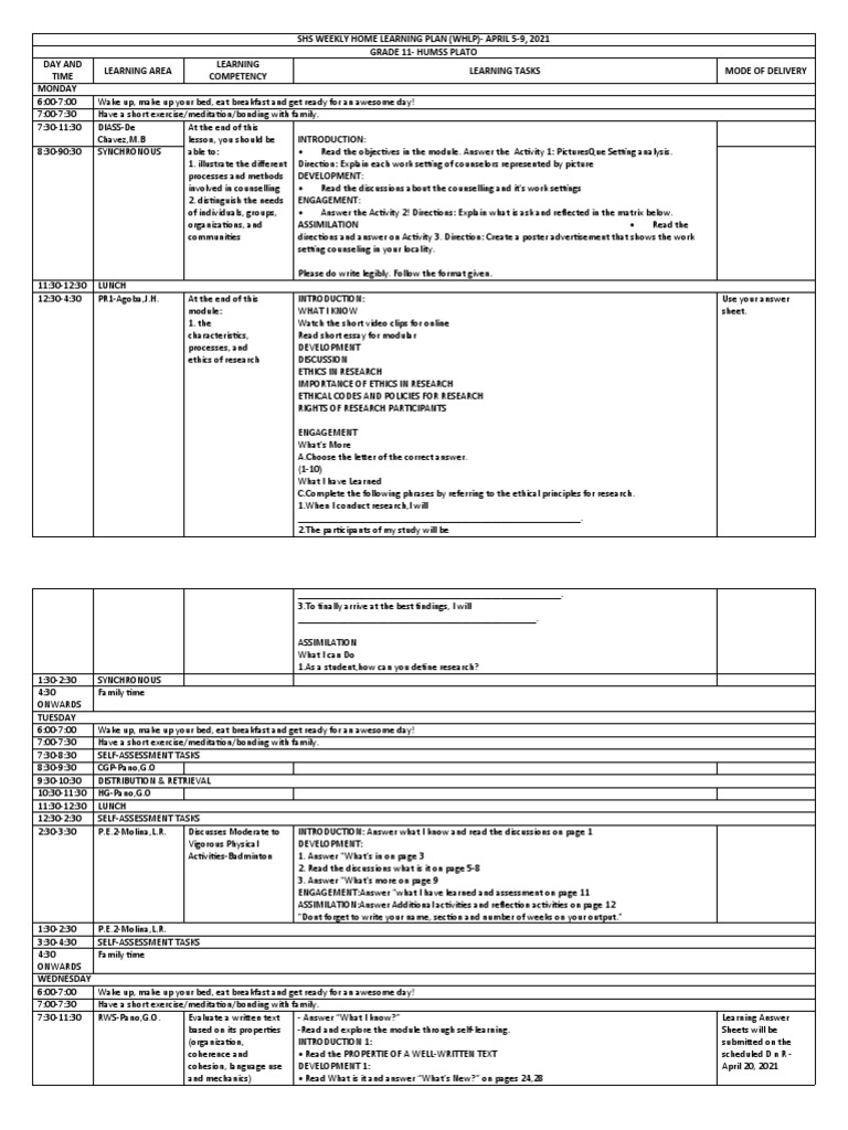 Sample - Weekly Home Learning Plan | PDF | Educational Technology | Normal Distribution