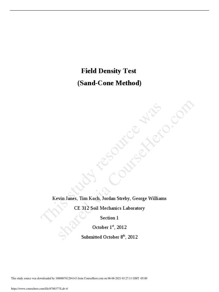 This Study Resource Was: Field Density Test (Sand-Cone Method) | PDF ...