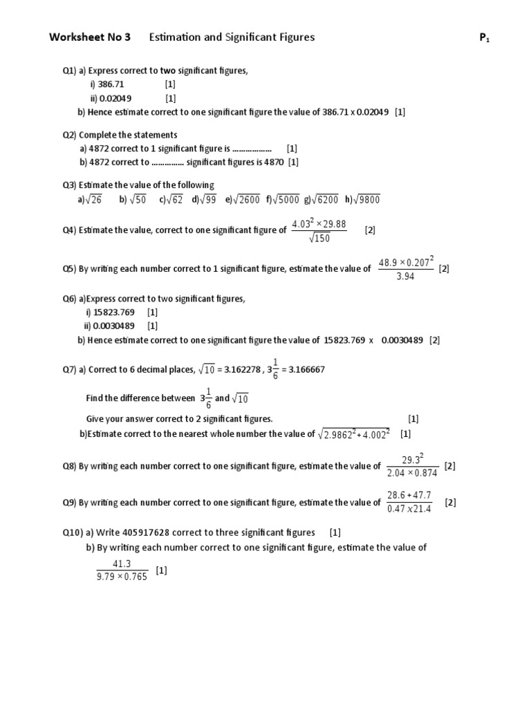 Estimation and Significant Figures Worksheet | PDF | Significant ...