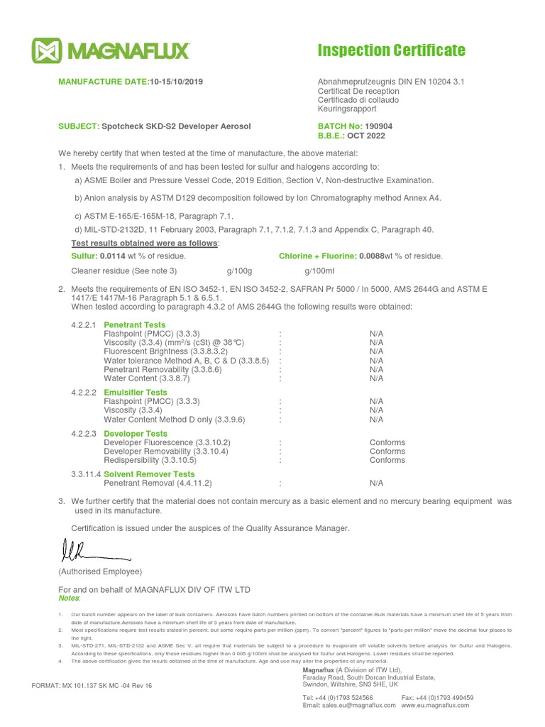 Inspection Certificate: Manufacture Date | PDF | Nondestructive Testing ...