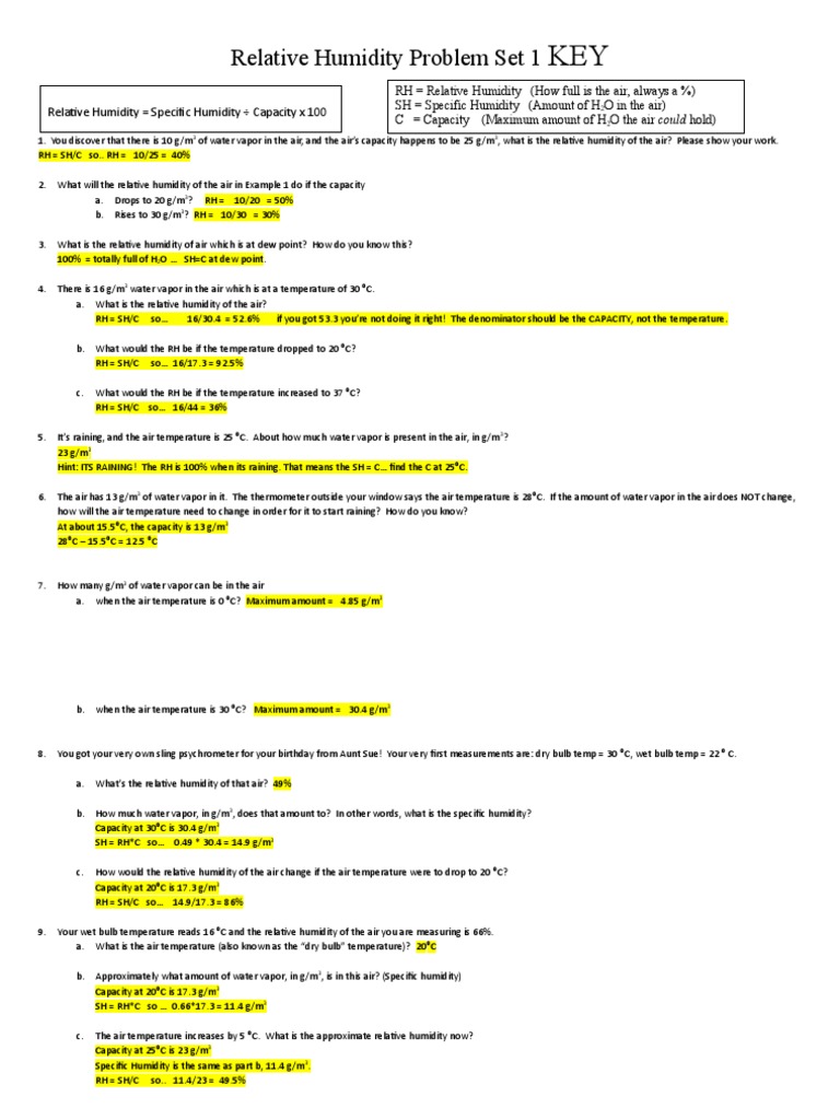 Relative Humidity Problem Set 1 Key | PDF | Relative Humidity ...