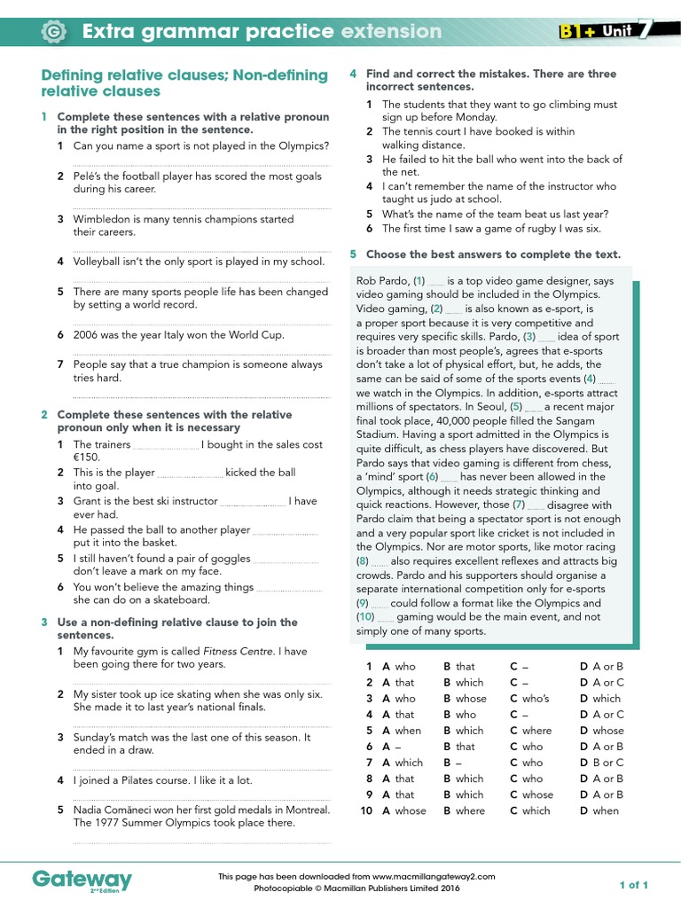 B1 Unit 7 Extra Grammar Practice Ext Pdf Sports Hobbies