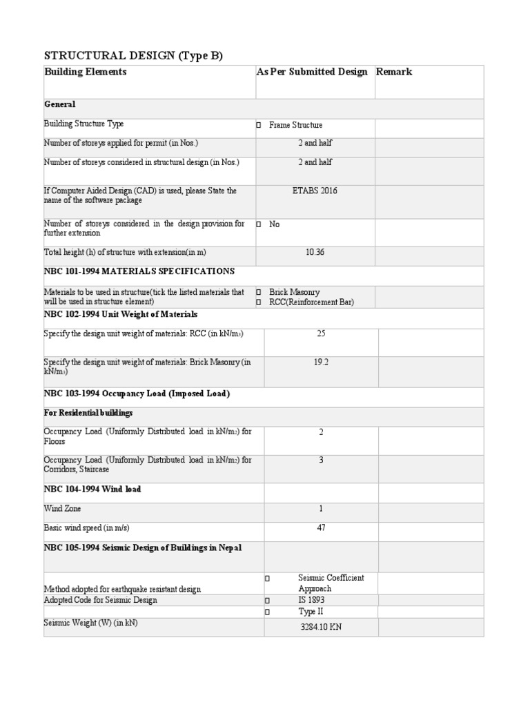 Structural Design (Type B) : Building Elements As Per Submitted Design ...