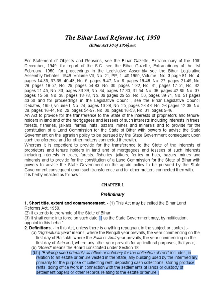 The Bihar Land Reforms Act, 1950 | PDF | Lease | Leasehold Estate