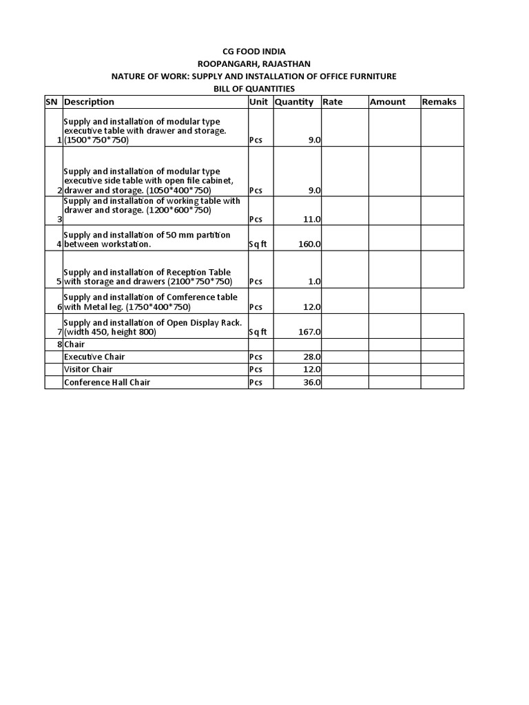 BOQ of Office Furniture | PDF
