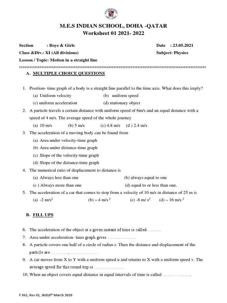 Motion in A Straight Line Worksheet | PDF | Acceleration | Velocity