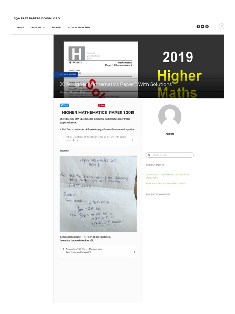 2019 Higher Mathematics Paper 1 With Solutions | PDF