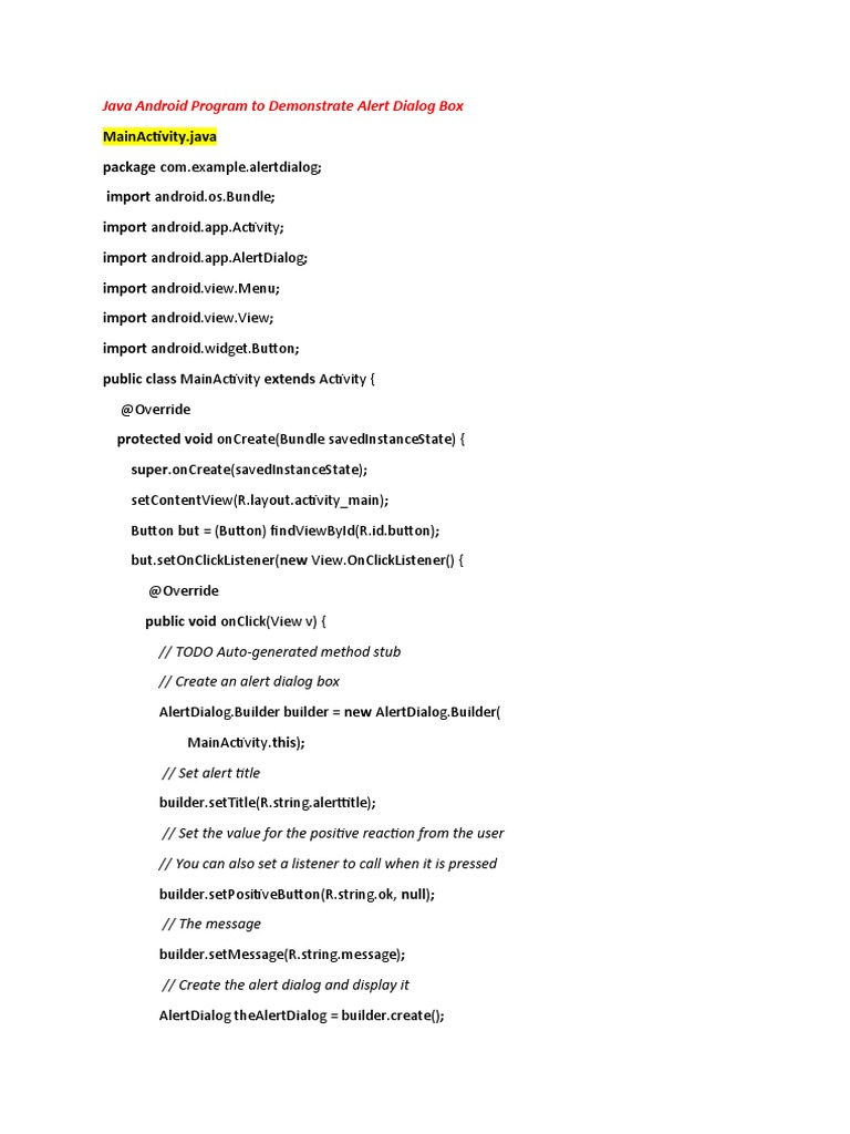 Mainactivity Java Package Com Example Alertdialog Java Android Program To Demonstrate