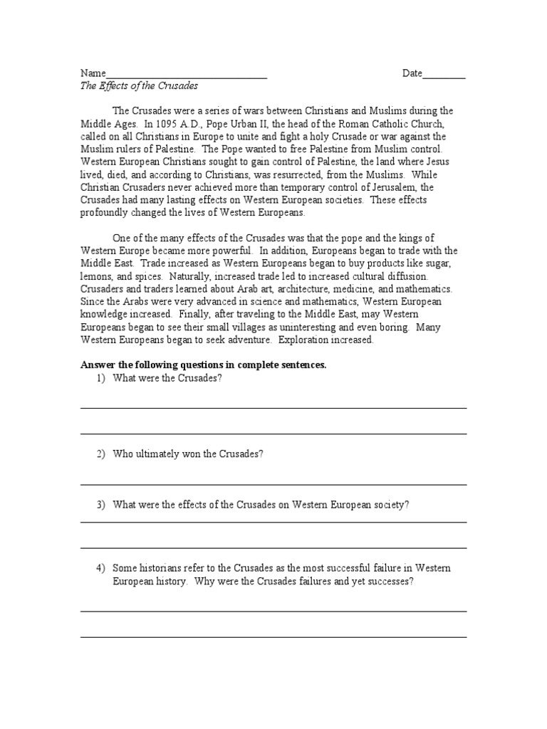 The Effects of The Crusades: Answer The Following Questions in Complete ...