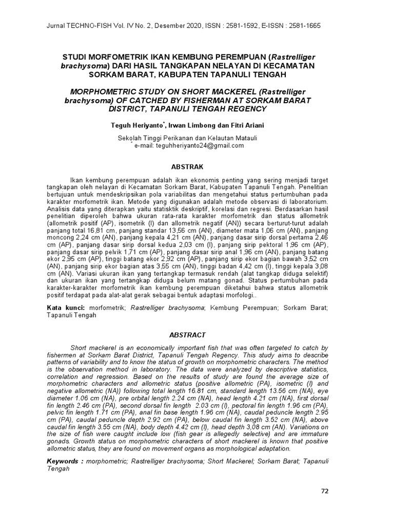 Morfometri Ikan Kembung Perempuan Sorkam | PDF | Sains & Matematika