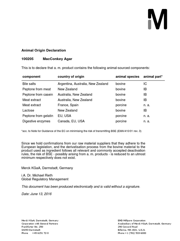 Animal Origin Declaration 100205 Macconkey Agar: Component Country of ...