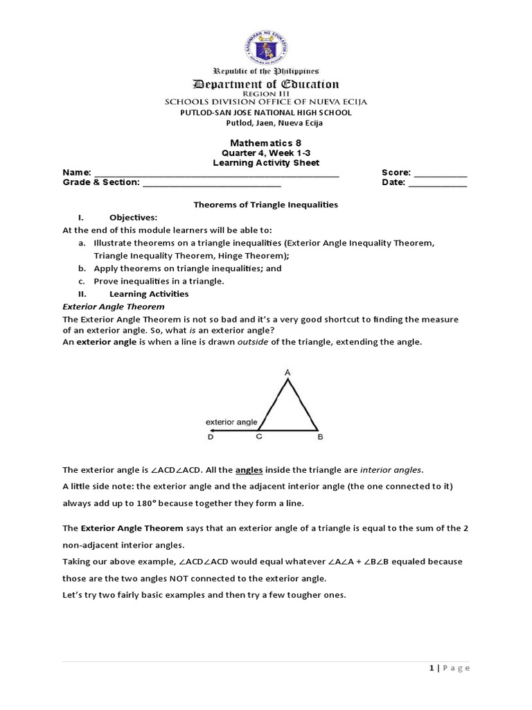 Math 8, q4 Las Week 1-3 | PDF | Triangle | Angle
