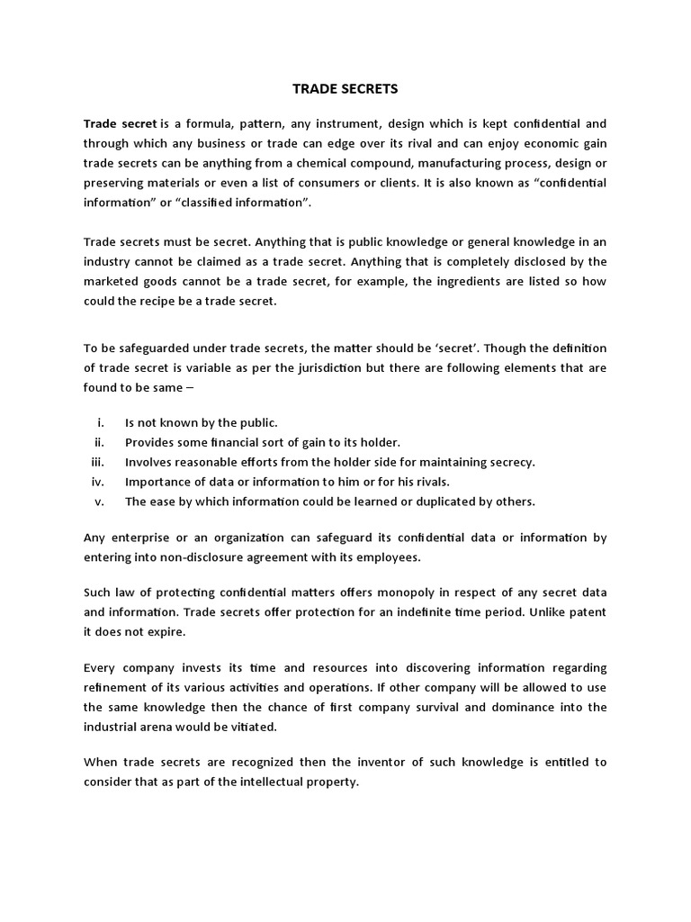 Trade Secrets: Trade Secret Is A Formula, Pattern, Any Instrument ...