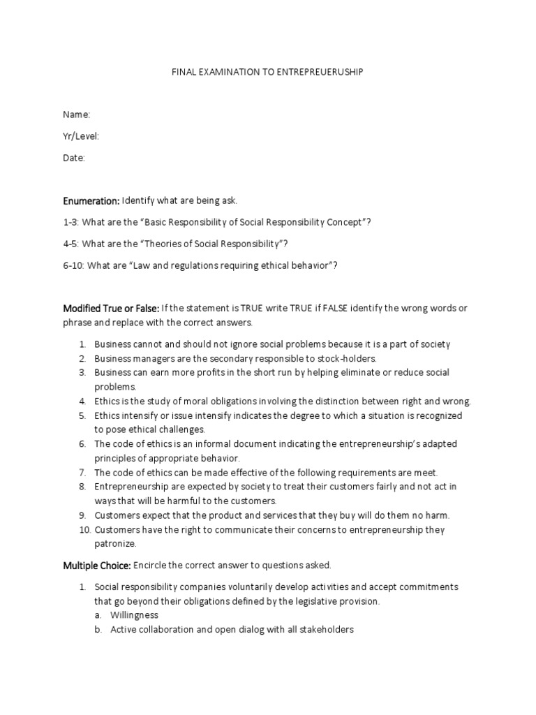 Final Examination To Entrepreueruship | PDF | Entrepreneurship | Corporate Social Responsibility