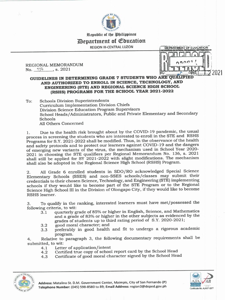 RM No. 154 S. 2021 Guidelines in Determining Grade 7 Students Who Are ...