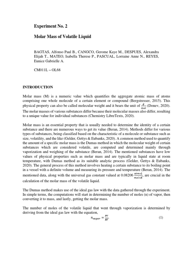 Experiment No. 2 Molar Mass of Volatile Liquid | PDF | Gases | Mole (Unit)