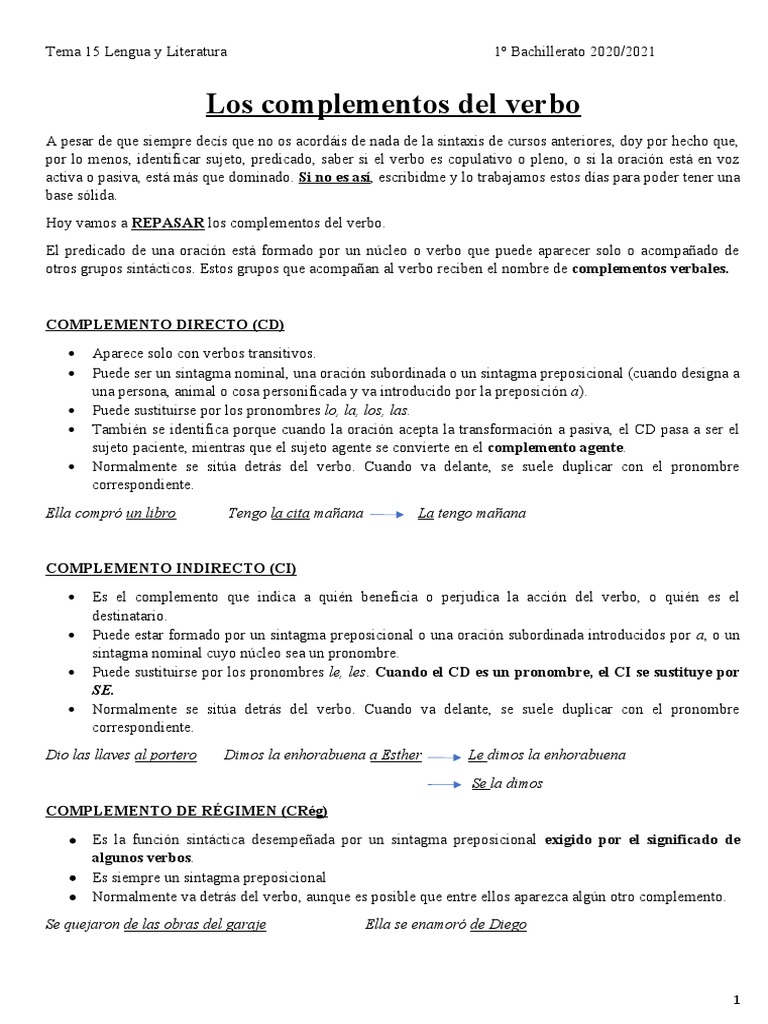 Los Complementos Del Verbo | PDF | Asunto (gramática) | Verbo
