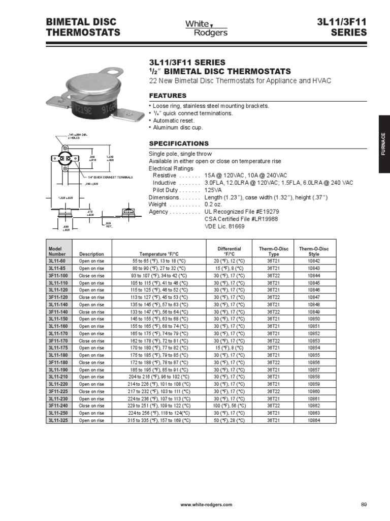 Specification Sheet for 3L11/3F11 Series Bimetal Disc Thermostats | PDF ...