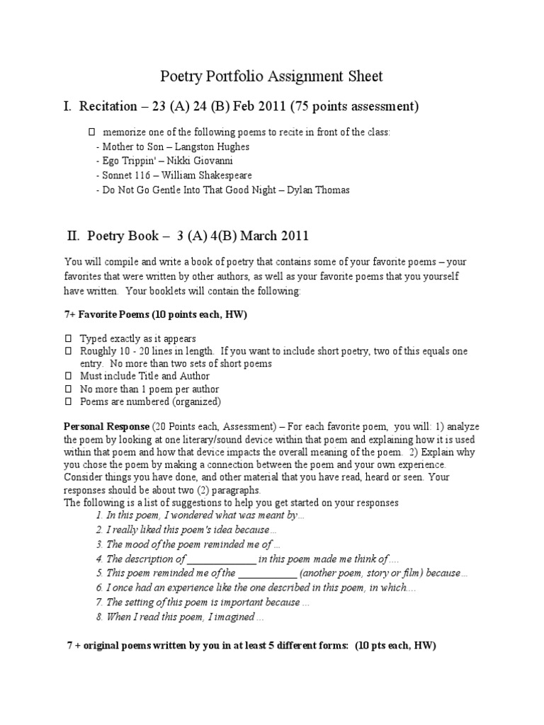 Poetry Portfolio Assignment Sheet | PDF | Poetry | Poetic Form