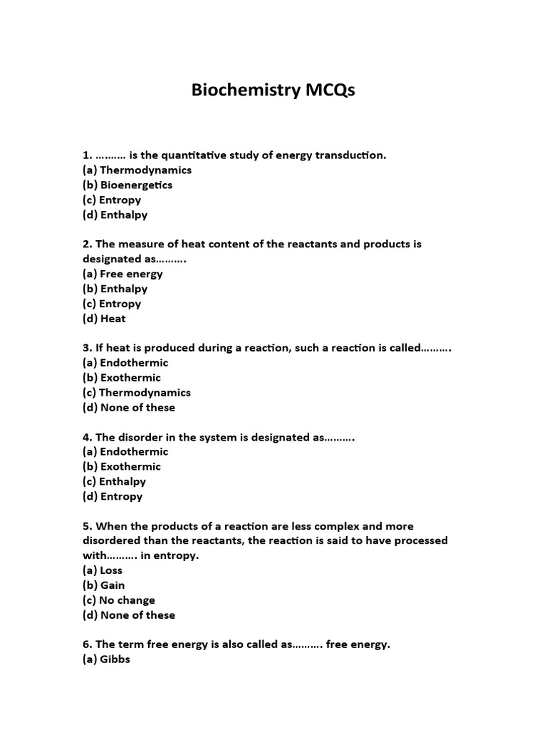 Biochemistry MCQs | PDF | Lipoprotein | Gibbs Free Energy