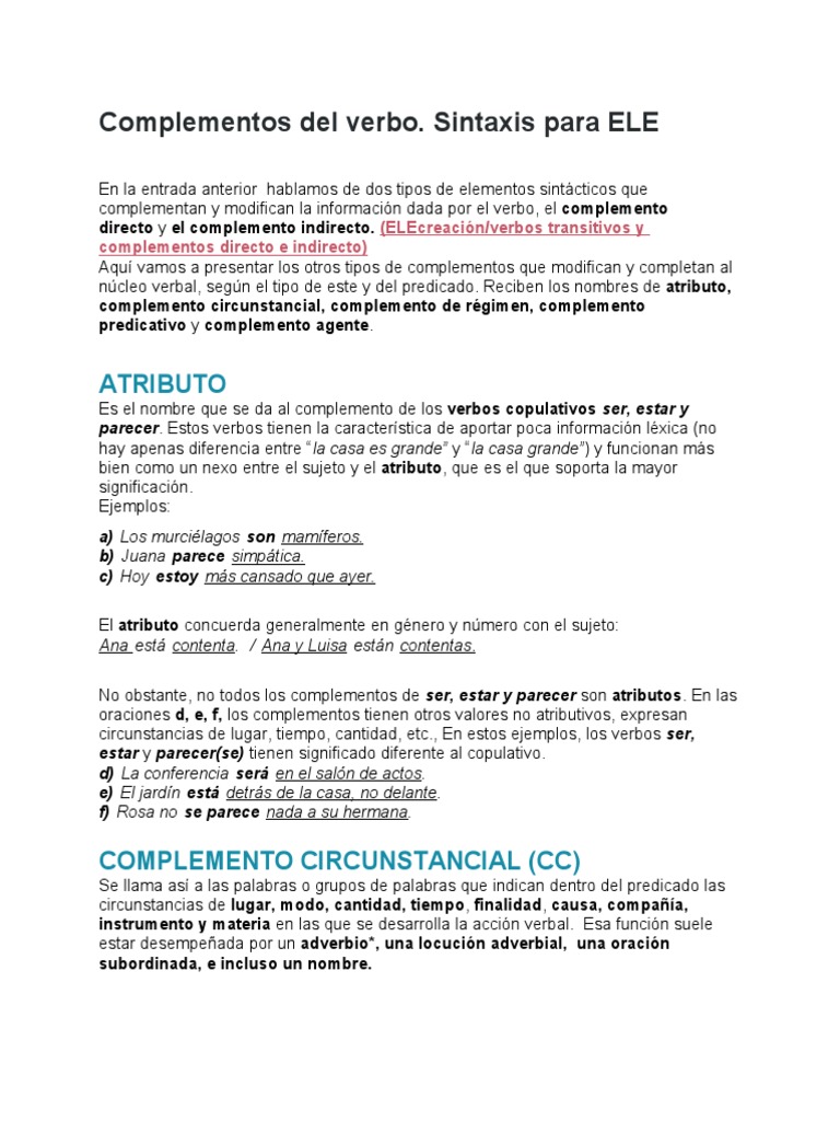 Complementos Del Verbo | PDF | Verbo | Asunto (gramática)