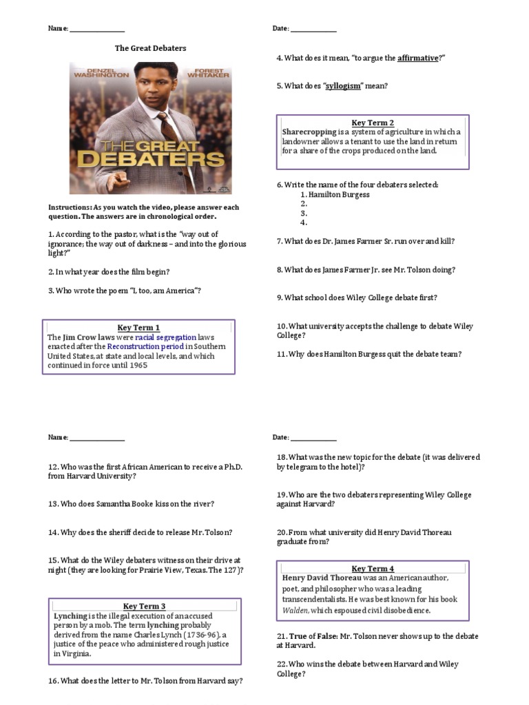 Great Debaters Viewing Guide | PDF | Henry David Thoreau | Lynching