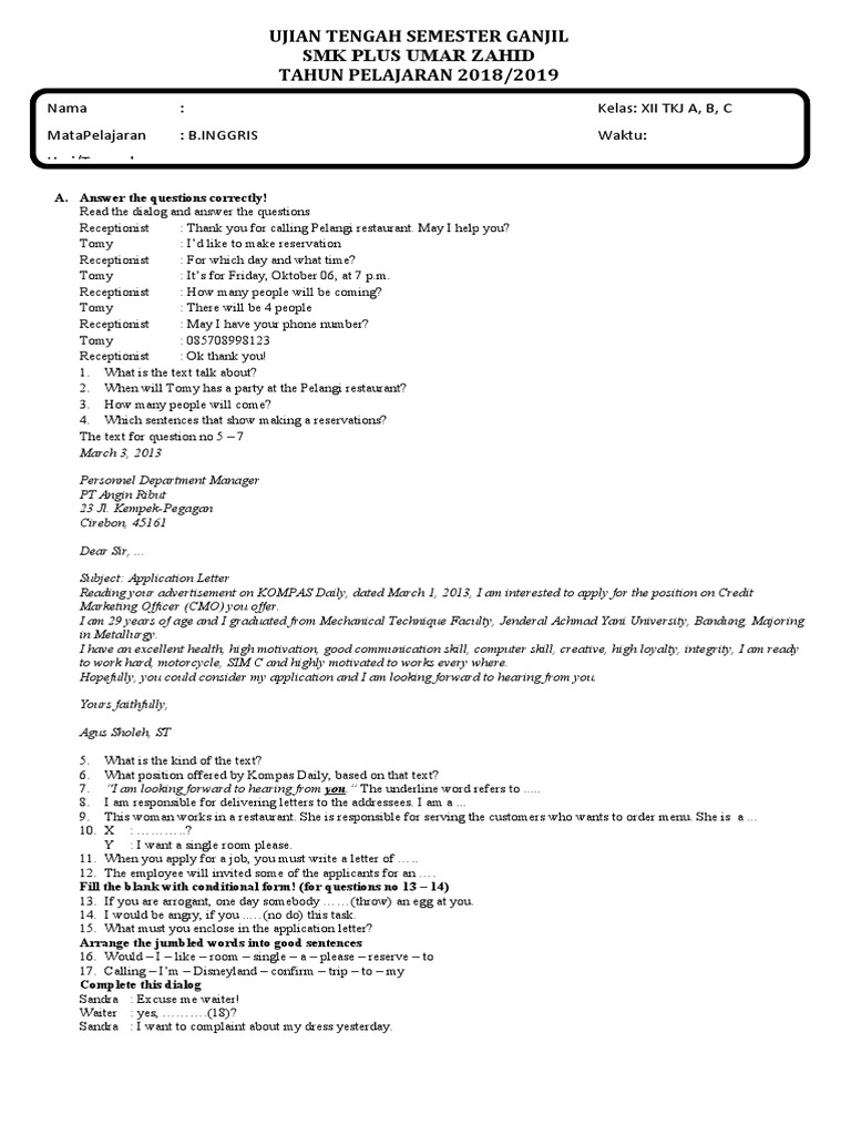 Soal Uts Bing Gasal Xii TKJ | PDF | Gastronomy | Restaurants