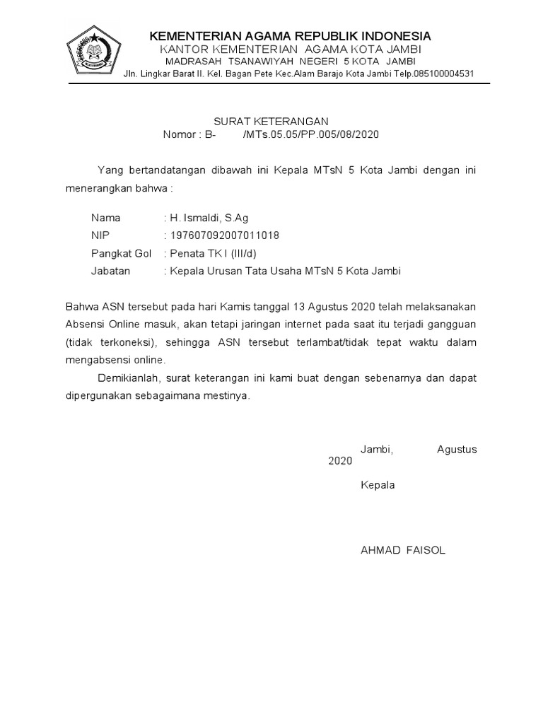 Surat Keterangan Absensi Online | PDF