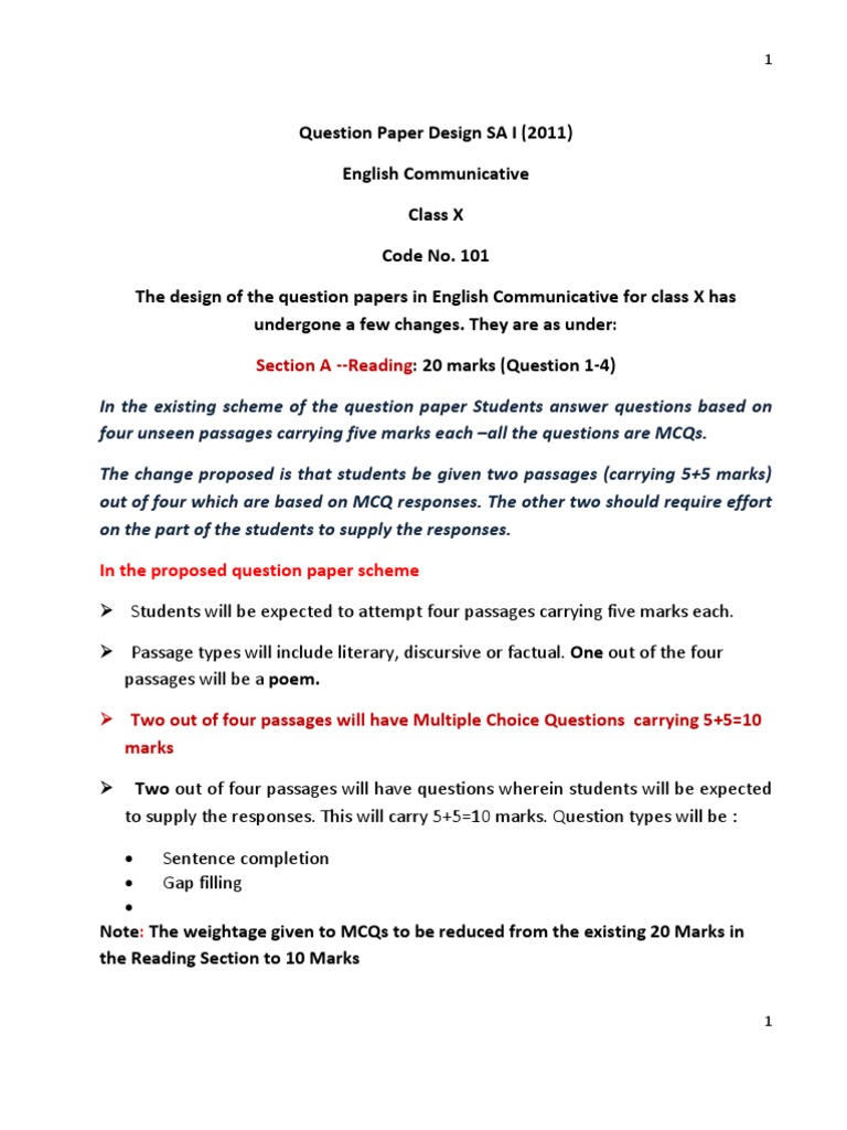 Class X English Communicative Exam Format | PDF | Question | Multiple ...