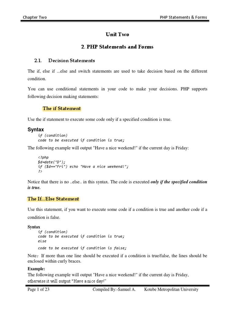 Unit Two 2. PHP Statements and Forms | PDF | Control Flow | Parameter ...