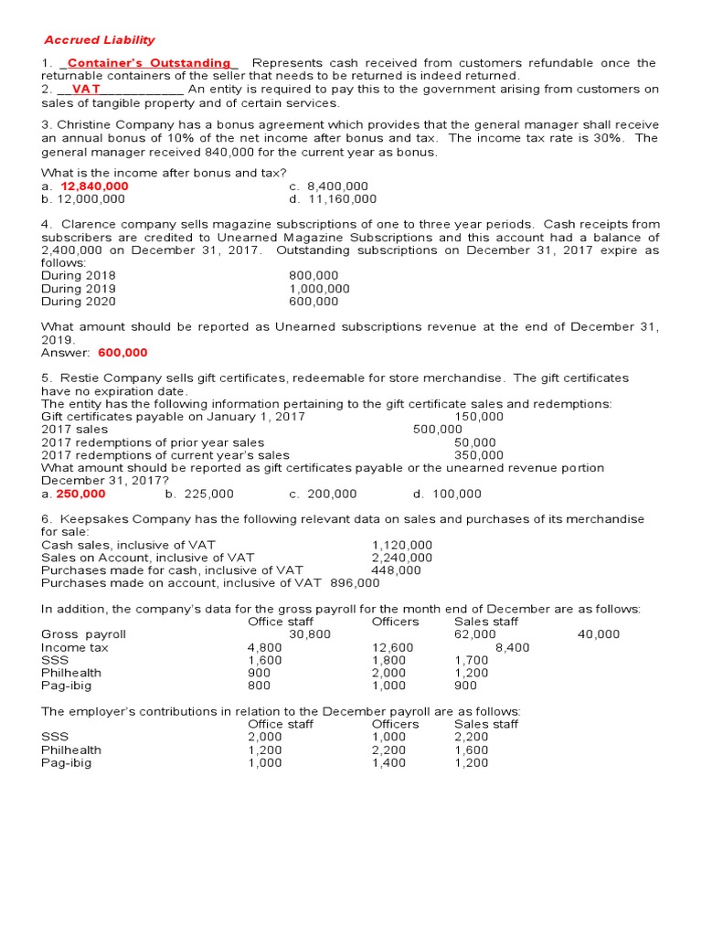 Accrued Liability Asnwer Key | PDF | Payroll | Payroll Tax