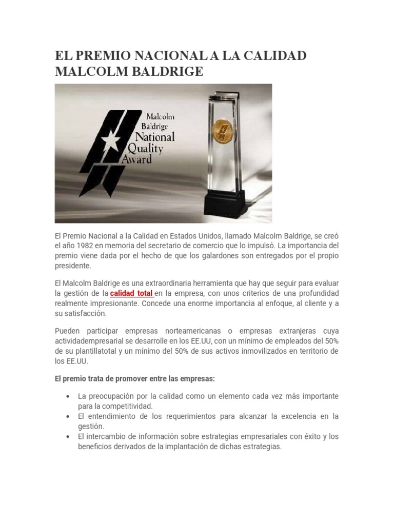 Premio Nacional Malcolm Baldrige 2024 | PDF | Calidad (comercial ...