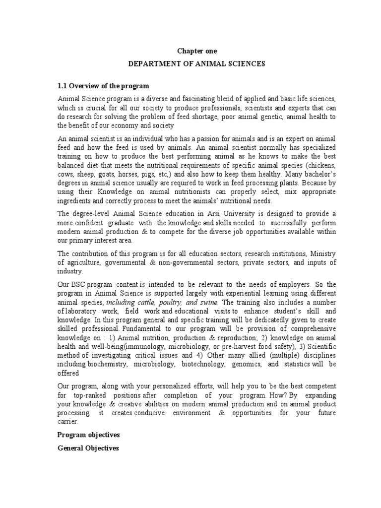 Chapter One Department of Animal Sciences 1.1 Overview of The Program ...