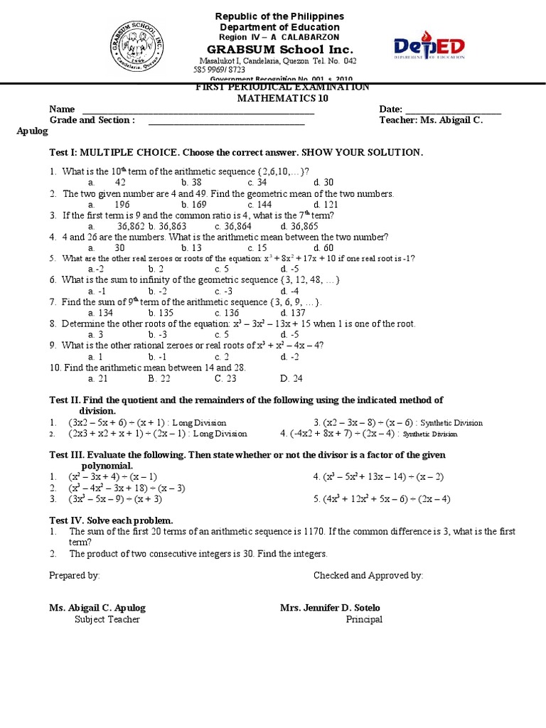 Exam - Math - 10 - 1st - PE | PDF | Algorithms | Mathematical Concepts