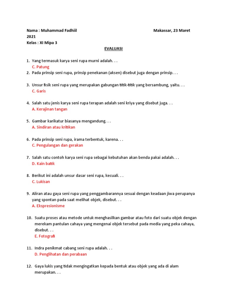 Muhammad Fadhiil XI Mipa 3-Evaluasi Senbud Hal 29-31 | PDF | Seni