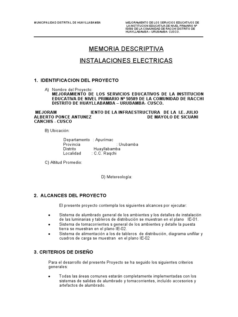 Memoria Descriptiva, Colegio Raqchi | PDF | Corriente eléctrica | Energia electrica